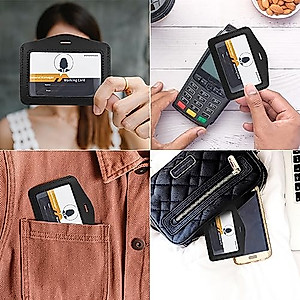 BOKOVNGEE 2pack badge holder with nylon lanyard and key ring, Horizontal cowhide ID badge holder with Double sided transparent window for Office worker，Teachers，Students, Workers，Medical staff