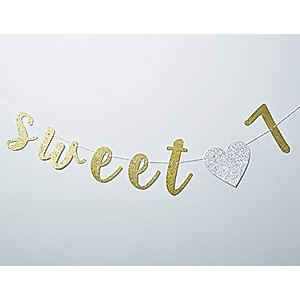 Sweet 7 Banner Gold Glitter with Heart for 7th Birthday Party Decorations Supplies Pre-Strung Cursive Bunting Photo Booth Props Sign
