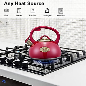 Whistling Tea Kettle Stainless Steel Teapot, Teakettle for Stovetop Induction Stove Top, Fast Boiling Heat Water Tea Pot 2.5 Quart(Red)