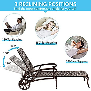 ROIYEIER Lounge Chairs for Outside, Chaise Lounge Outdoor Set of 2 Cast Aluminum with Adjustable Backrest and Moveable Wheels for Poolside Backyard Patio, Bronze