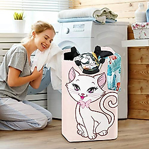 Kaariok Pink Cute Cat Kitten Animal Laundry Hamper with Handles Waterproof Collapsible Storage Basket Large Dirty Clothes Bin for Laundry Room, 22.7 Inches