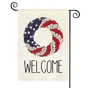 AVOIN colorlife Welcome Patriotic Stars and Stripes Wreath Garden Flag Double Sided Outside, 4th of July Memorial Day Independence Day Yard Outdoor Decoration 12 x 18 Inch