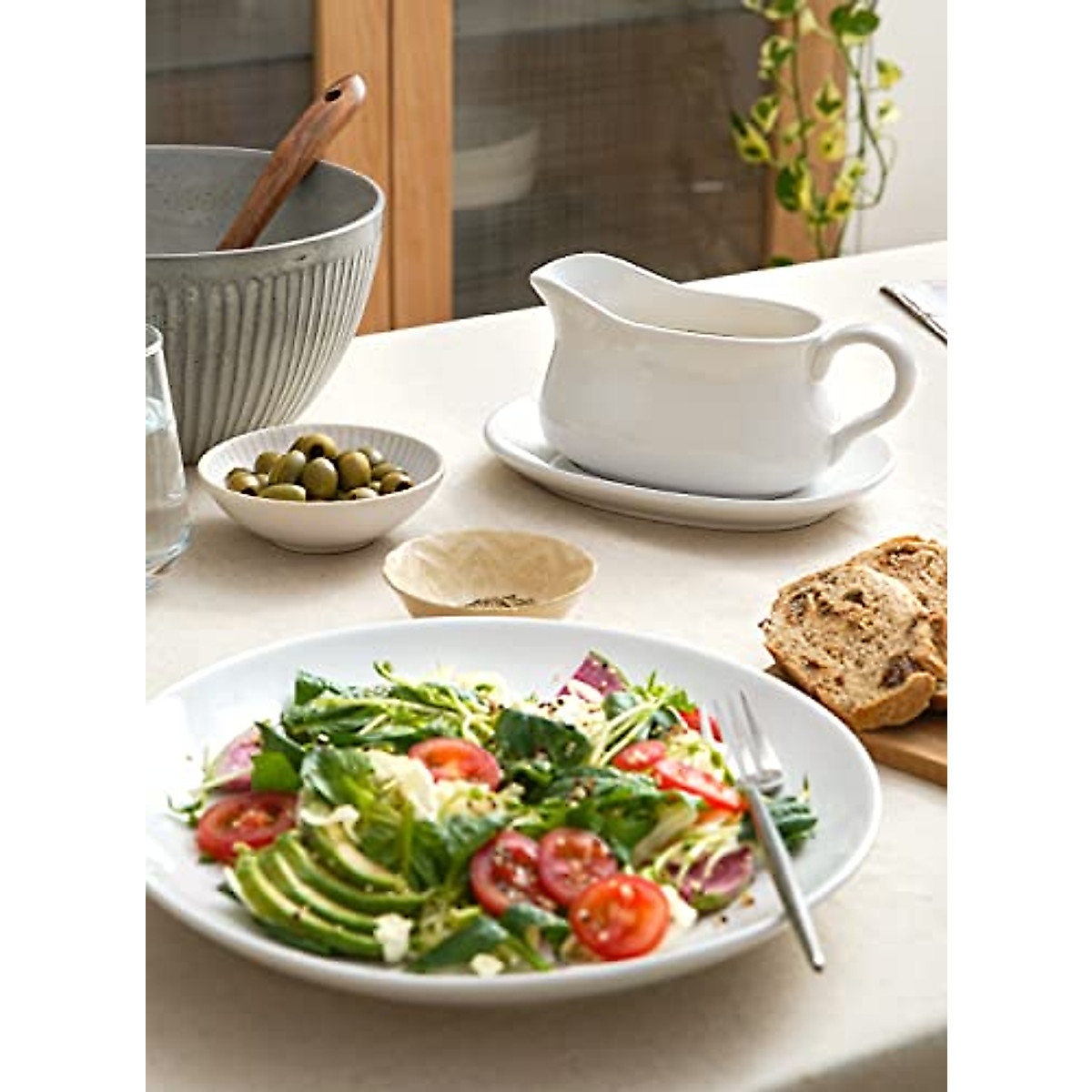 LE TAUCI 17oz Gravy Boat with Saucer Stand, Set of 2, Ceramic Sauce Boat with Tray for Salad Dressings, Creamer, Broth, Black Pepper, White