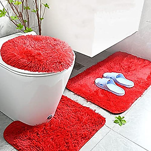 Bathroom Rugs Sets 3 Piece with Toilet Cover, Bath Mats for Bathroom Non Slip, U-Shaped Contour Toilet Mat,Ultra Soft Absorbent Bath Mat Set, Machine Washable Bath Rugs for Bathroom Floor (Red)