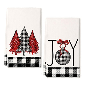 ARKENY Christmas Kitchen Towels Set of 2,Black Buffalo Plaid Xmas Tree Dish Towels 18x26 Inch Drying Dishcloth,Farmhouse Home Decoration AD008