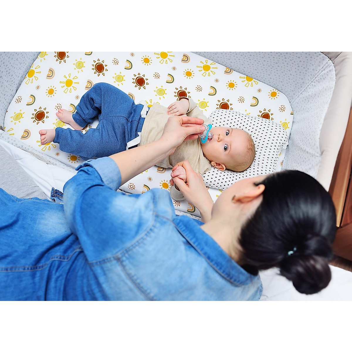 4 Pack N Play Sheets Mini Crib Sheets Boho Nursery Sheets Sunshine and Rainbow Desdign Neutral Unisex Fitted Baby N Play Sheets Mini Crib Sheets for Baby Boys or Girls (N Play Sheets)