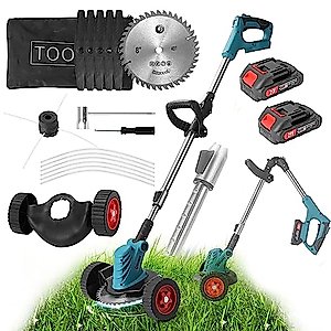 Geevorks String Trimmer/Edger, 21V Electric Weed Wacker Foldable/Telescopic Cordless Weed Eater with Wheels, Lawn Edger with 2PCS 2000mAh Rechargeable Battery/Fast Charger/ 3 Kinds of Blade-s