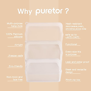 puretor Reusable Silicone Food Storage Bags, 5 Pack BPA Free, Dishwasher Safe Silicone Bags, Reusable Baggies Perfect for Kids Snack Sandwich Storage,Leakproof Standup Bags For Food & Travel