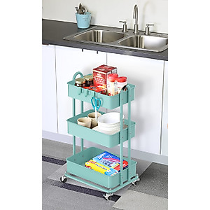 Simple Houseware Heavy Duty 3-Tier Metal Utility Rolling Cart, Turquoise