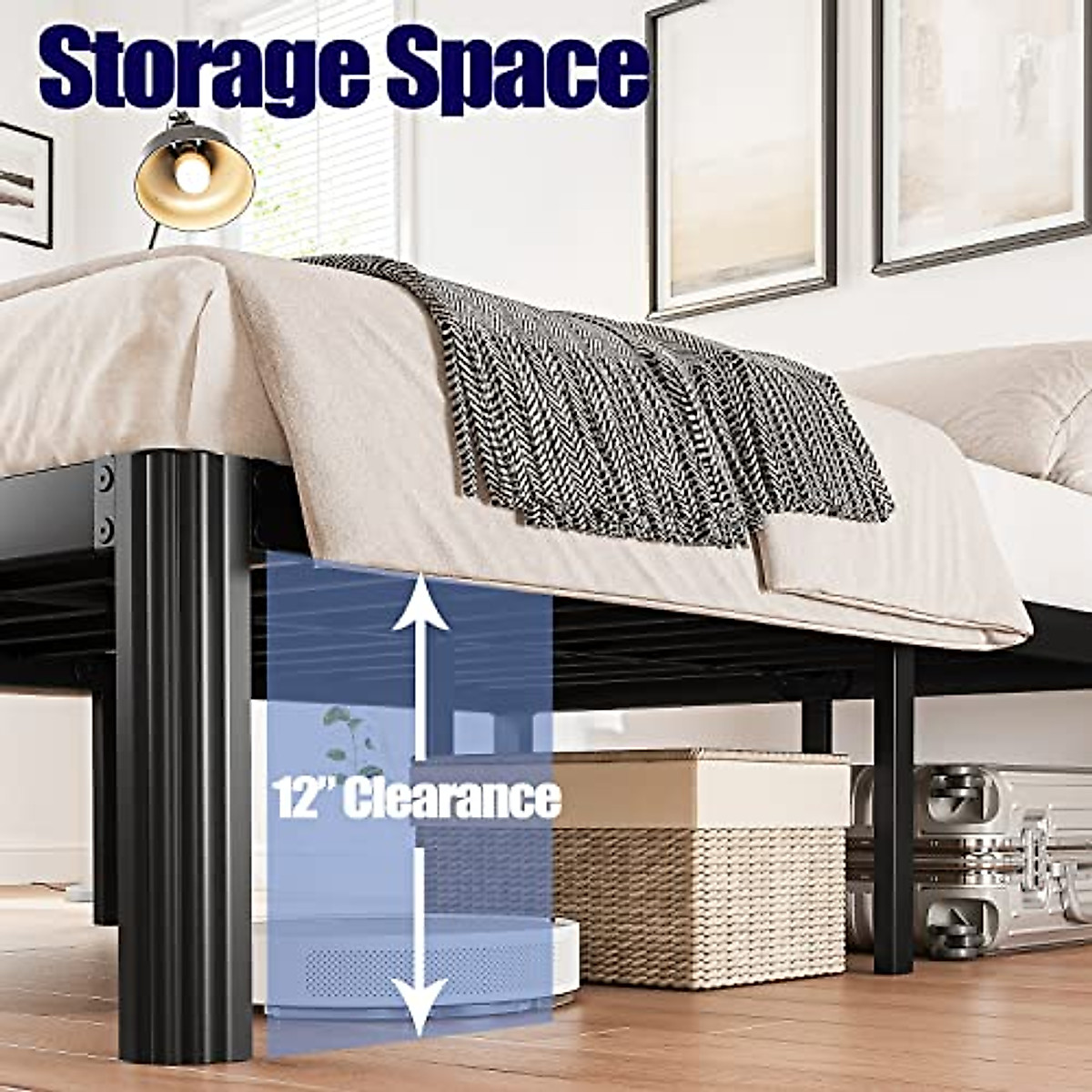 Hunlostten 14in High Heavy Duty California King Bed Frames No Box Spring Needed, Metal Platform Cal King Bed Frame with Round Corners, Easy Assembly, Noise Free, Black