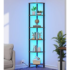 VIMBER 6-Tier Corner Shelf with LED Light, Industrial Corner Ladder Shelf, Rustic Display Shelf for Living Room, Bedroom, Kitchen, Home Office, Sturdy Frame, Rustic Brown and Black UJSJ002F