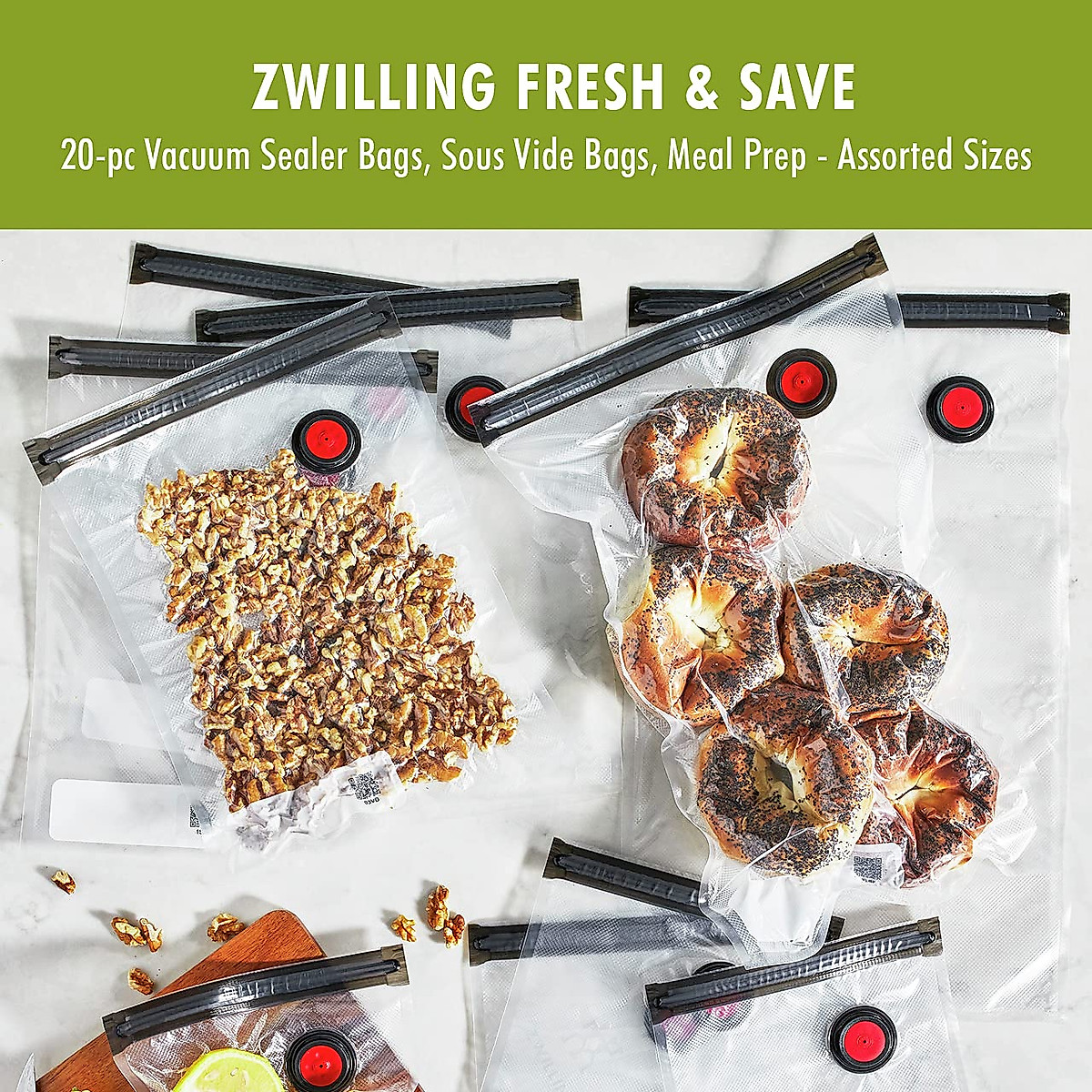 ZWILLING Fresh & Save 20-pc Assorted Sizes Vacuum Sealer Bags, Reusable Sous Vide Bags