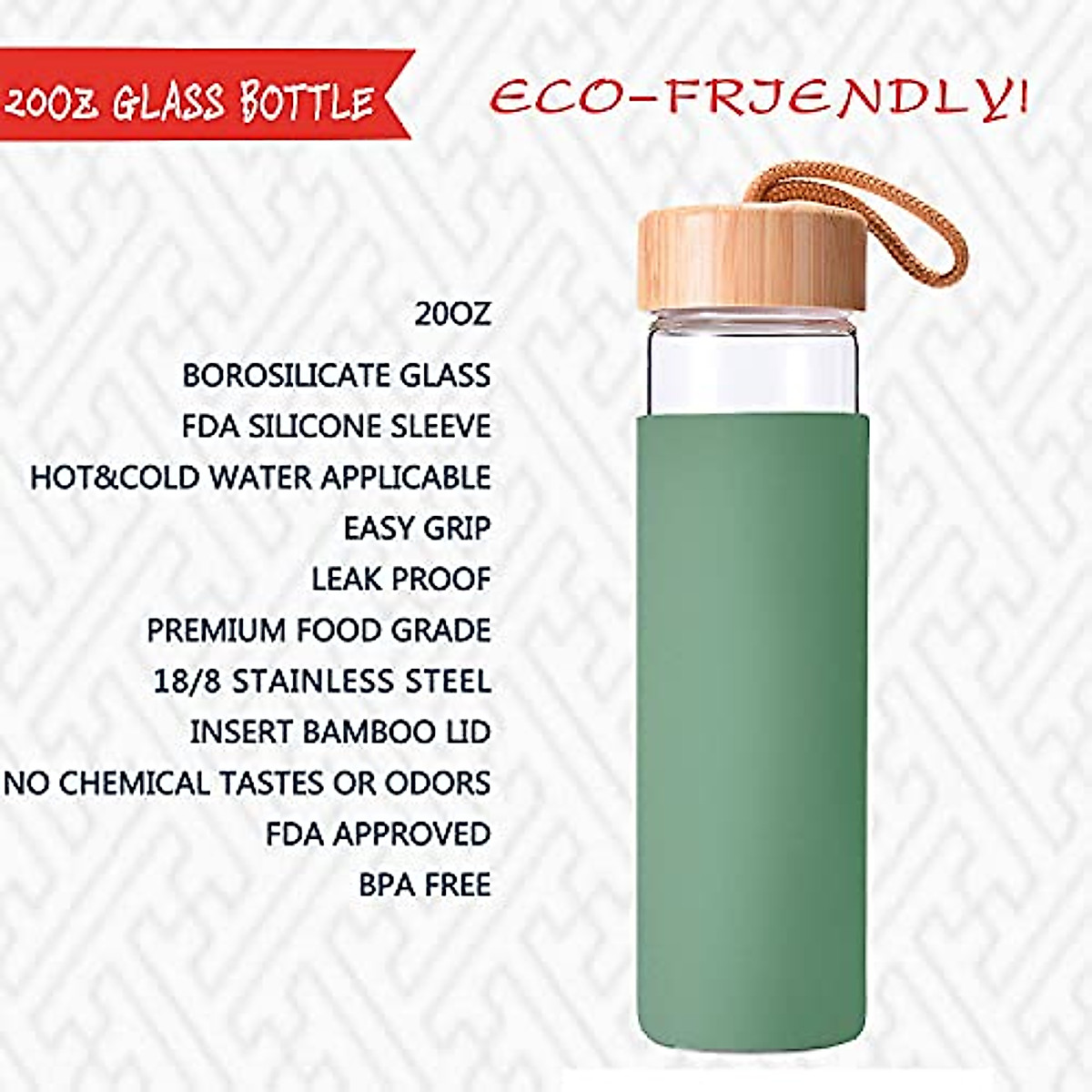 Yomious 20 Oz Borosilicate Glass Water Bottle with Bamboo Lid and Silicone Sleeve – Reusable BPA Free – Glass Drinking Bottle with Lids - Cute Glass Bottle for Women - Glass Shaker Bottle