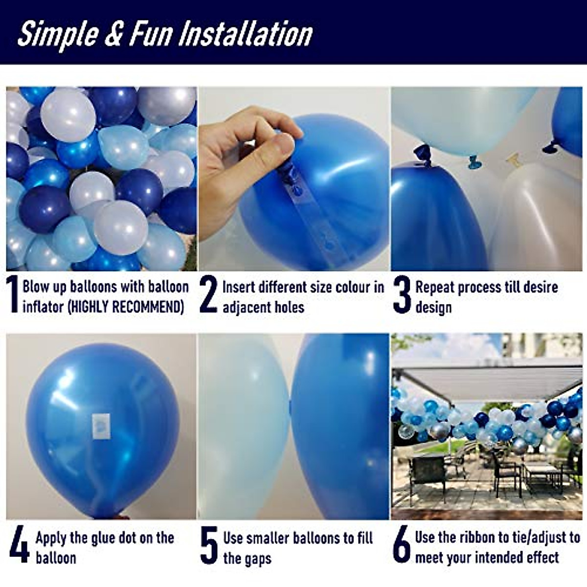 RC&Z Navy Blue Balloon Garland Arch Kit - 120 with Royal Blue, Baby Blue, White, Silver Metallic and Confetti Latex Balloons for Baby Shower Decorations Bachelorette Birthday Party Backdrop Background