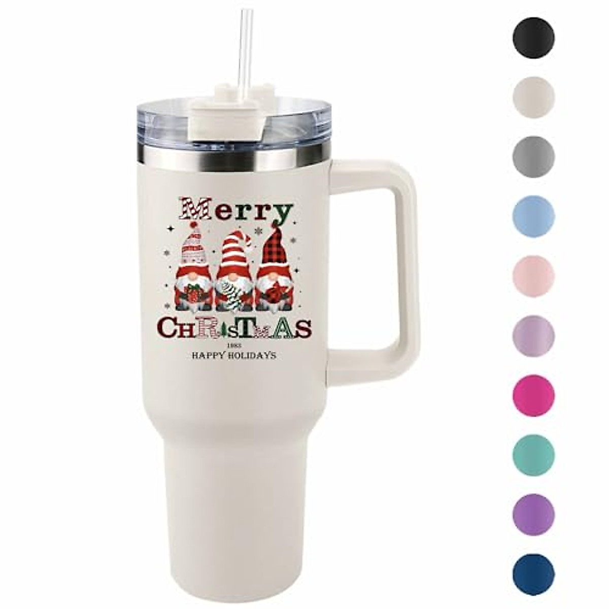 LB LEOBON 40 ounce insulated cup with handle, double-layer vacuum stainless steel material, equipped with straw, can keep warm or maintain cold drinks Christmas Text Gnome white