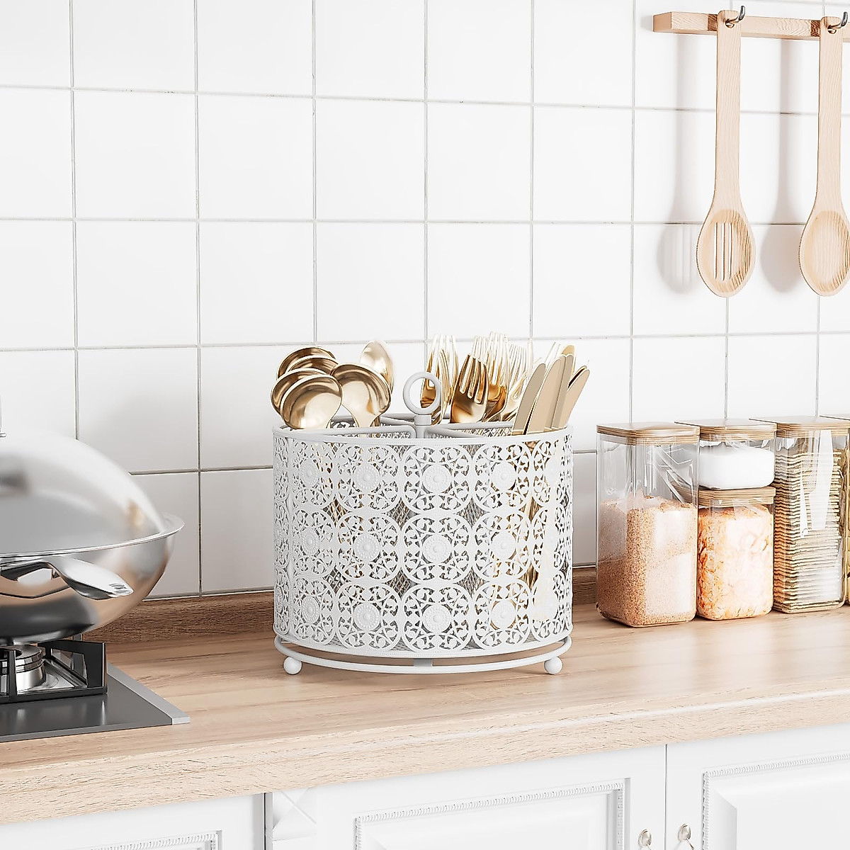 YIUKEA Rotating Utensil Caddy Holder - Higher Raised Cutlery Caddy Countertop - Metal Silverware Caddy Organizer with 4 Compartment for Kitchen Counter Party Office white