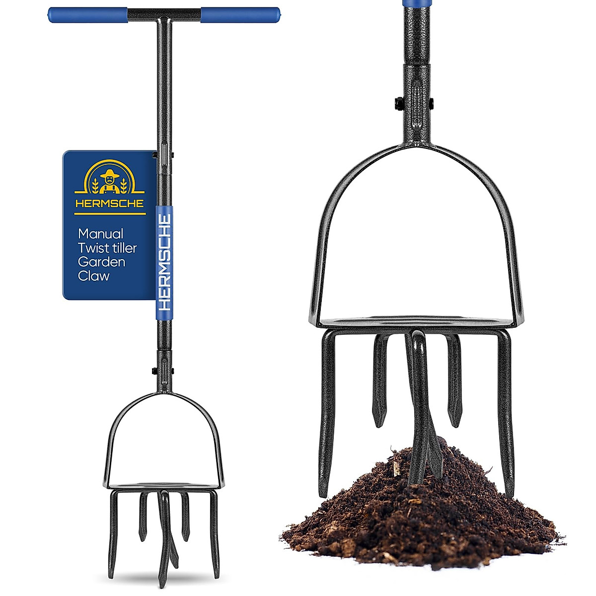 Hermsche Garden Tiller Manual Hand Tiller Garden Claw Cultivator Twist Tiller for Gardening Tool Long Handle Adjustable Steel Heavy Duty Lawn Aerator Soil Loosener Garden Tool Bed Plant Flower Box