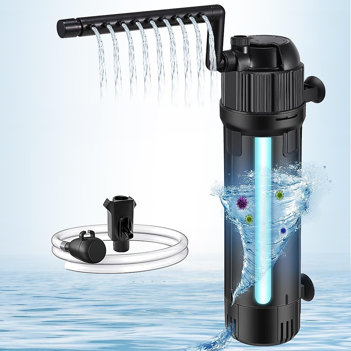 JAHEA Aquarium Filter w/Cycle U-V Light，Internal Green Water Killer Filter Aquarium Tank for 40-120 Gallon，130 GPH 5 in 1 Fish Tank Filter(6W U-V+5W Pump)