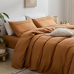 JELLYMONI Queen Size Rust Duvet Cover Set - 3PCS Microfiber Bedding Set, Stylish Pleated Design, 8 Corner Ties & Zipper Closure, Ultra Soft and Comfortable