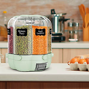 Rice Dispenser 25 Pounds, Kitchen Storage with Chalk Labels and Measuring Cup, Grain Dispenser, 6 Compartment Rice Storage Container, Rotating Food Dispenser for Sunflower Seeds, Popcorn Kernels