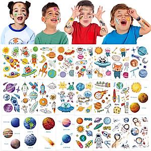 120+ Pieces Space Temporary Tattoos for Kids, 24 Sheets Planet Birthday Party Decoration, Rocketship Universe Sun Moon Tattoos Sticker for Children Boys Party Favors Supplies