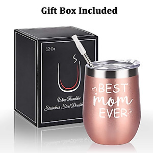 GINGPROUS Best Mom Ever Wine Tumbler with Lid and Straw, Mother's Day Birthday Gifts for Mom Mommy Mother, Stainless Steel Insulated Mom Wine Tumbler with Saying for Women (12 Oz, Rose Gold)