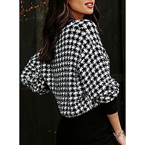 Dokotoo Womens Cardigan Sweaters Color Block V Neck Pearl Button Down Long Sleeve Plaid Cardigans Coats Casual Cable Knit Ribbed Fall Winter Ladies Loose Fit Jackets Outerwear Black XL