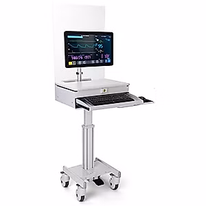 Displays2go Medical Computer Cart with Sneeze Shield, Acrylic, Screw-On – Gray (DWMDC1MNSH)