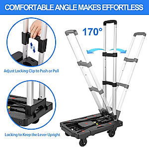 Double Rhombus Folding Hand Truck, 330 Lbs Foldable Hand Truck Dolly Cart Heavy Duty Collapsible Trolley Portable Platform Luggage Cart with 5 Wheels & 2 Elastic Ropes for Moving Travel Home Office