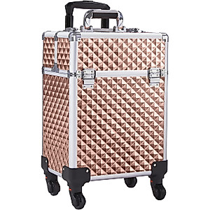 Yaheetech Rolling Makeup Train Case Professional Aluminum Cosmetic Case Large Storage Makeup Trolley with 4 Detachable Removable Wheels, 4 Trays and 1 Cubby with Sliding Rail - Holographic Gold
