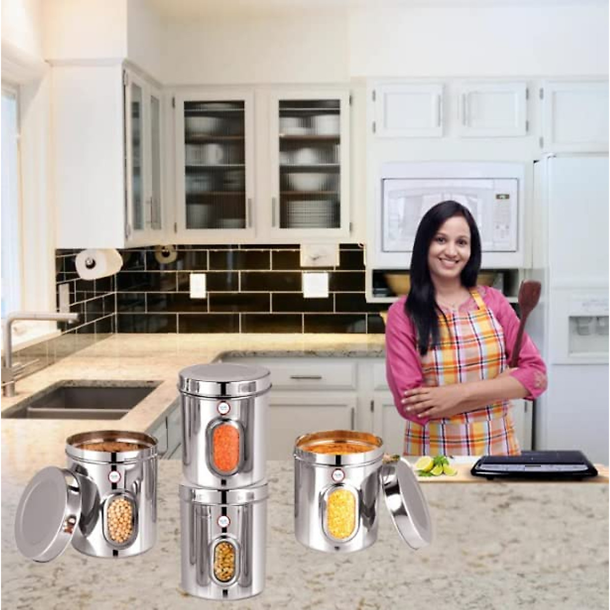 Opullo Stainless Steel See Through Containers for Kitchen | Mirror Polished Stainless Steel Containers With Lid and Transparent Window | Multipurpose Dabba Set for Kitchen | Pack of 4 | 1.25 Kgs