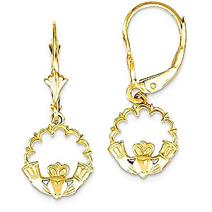14K Yellow Gold Heart Love Irish Claddagh Celtic Circle Round Drop Dangle Earrings Jewelry