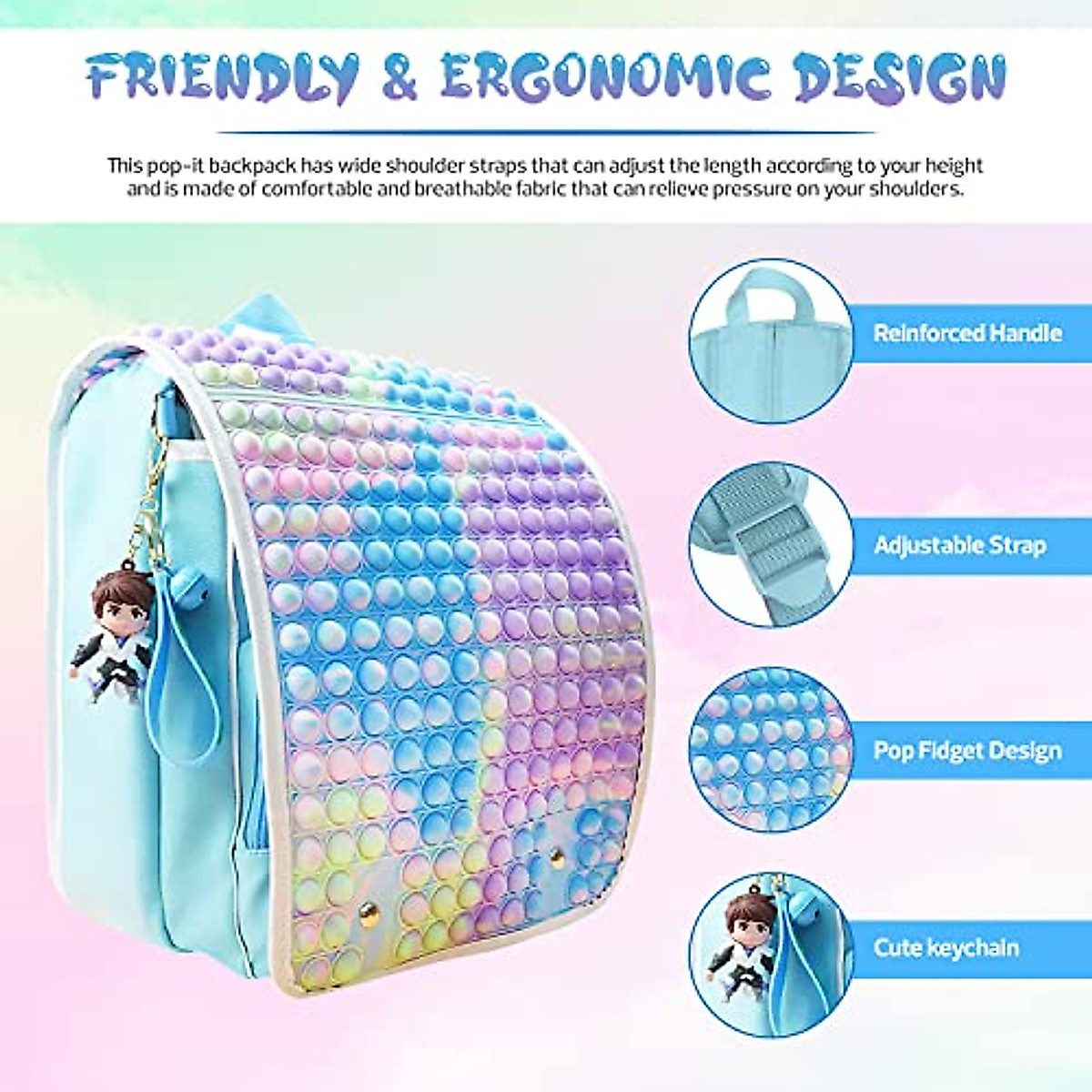 AmazTree Amaztree Rainbow Pop On It School Backpack Fidget Backpack for Kids, Teenagers Girls