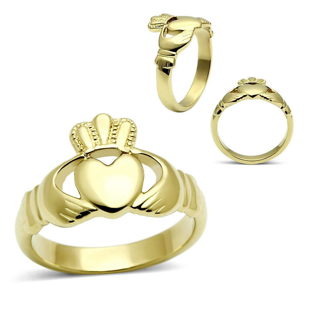 Eternal Sparkles Women's Claddagh Celtic Irish Fashion Comfort Statement Love Ring in 14K Gold Plated Stainless Steel