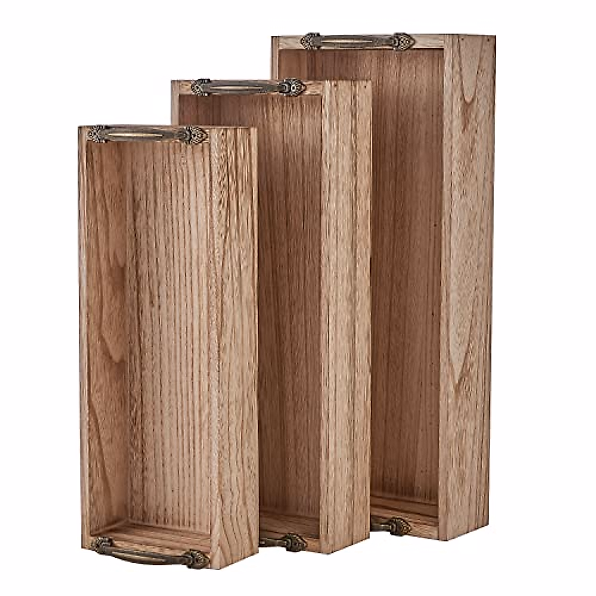 3pcs Burnt Narrow Wooden Serving Trays(13.8"/15.2"/16.5") with Decorative Antique Metal Handles - Sink Vanity Trays/Farmhouse Decor Rectangular Tray for Coffee Table/Bed Food,Breakfast,Dessert,Tea