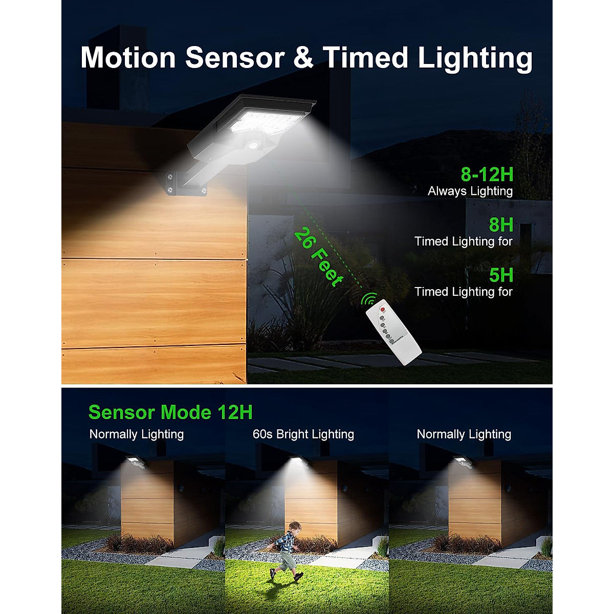 F-TECK Bright Solar Powered Street Lights Outdoor Motion Sensor Flood LED with Waterproof for Outside Backyard, Driveway, Parking Lot, Garage, Barn, Security Area Lighting with Remote Control Switch