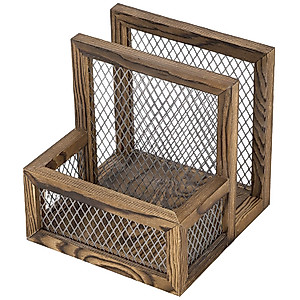 MyGift Rustic Burnt Solid Wood Farmhouse Napkin and Salt and Pepper Shaker Holder with Chicken Wire Side Panel Design, Kitchen Napkin Holder and Condiment Rack