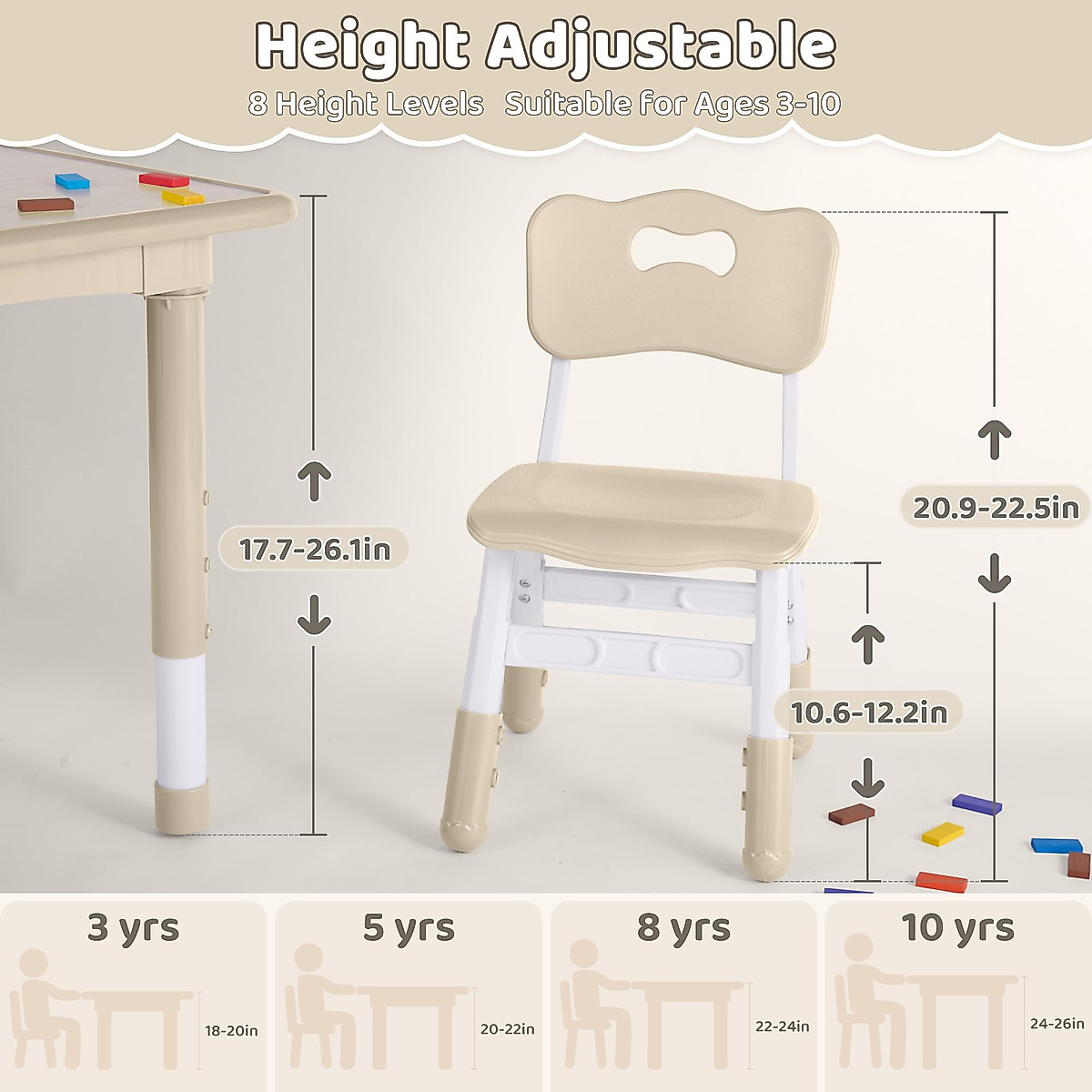 DOREROOM Kids Table and 2 Chairs Set, Height Adjustable (17.7"-26.1") Toddler Table and Chair Set, Multi-Activity Table with Graffiti Desktop, Children’s Table and Chairs for Classroom, Home & Daycare