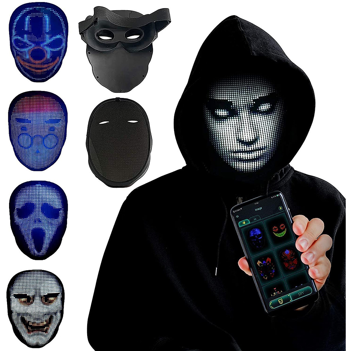TrendyNow365 Rechargeable LED Halloween Mask with Bluetooth, Programmable with Shining Mask App, Face Changing Cosplay, Party, Christmas