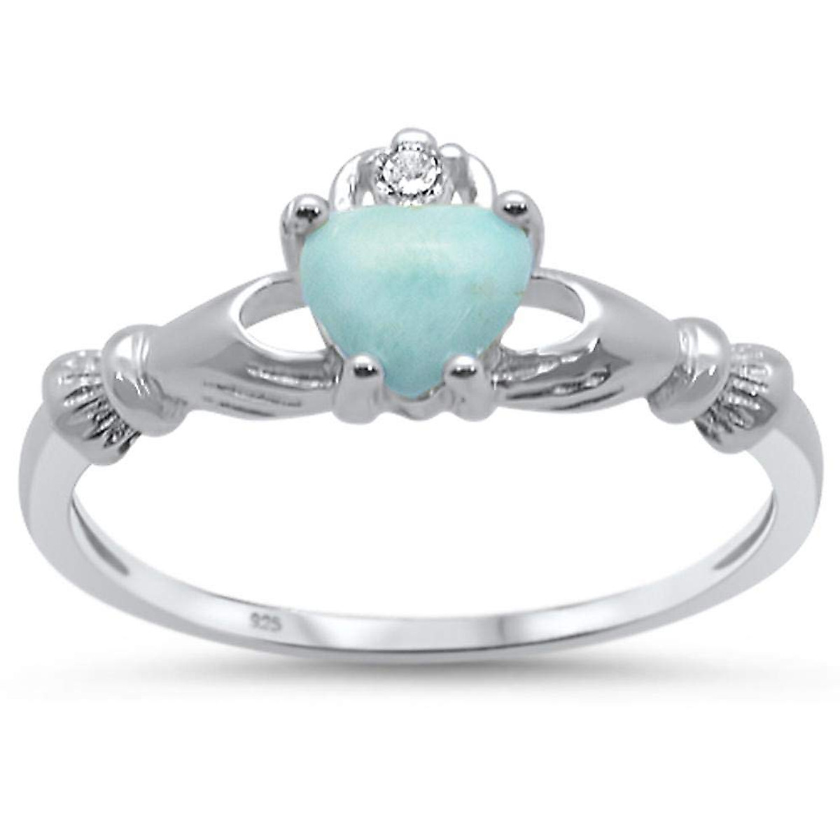 CloseoutWarehouse Natural Larimar and Clear Cubic Zirconia Claddagh Ring Sterling Silver Size 5
