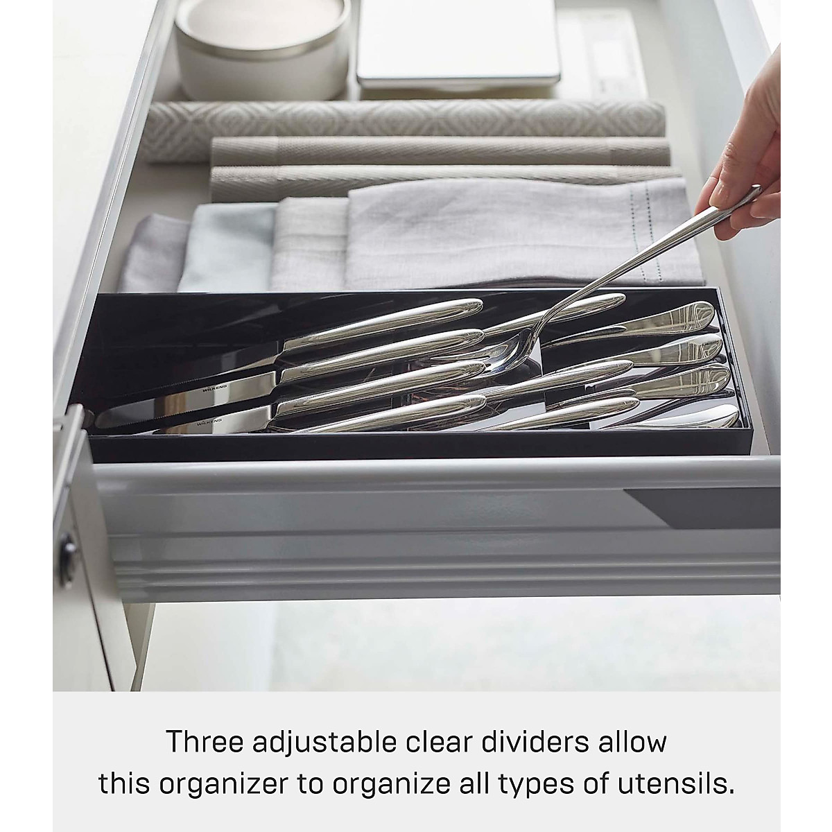 Yamazaki Home Expandable Cutlery Kitchen Angled Utensils Storage Silverware Organizer Compact Drawer Insert Tray | Plastic, One Size, White