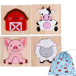 Wooden Puzzles for Toddlers 1-3 – Educational Jigsaw PuzzlesToys for Preschool Kids Ages 1 2 3 Year Old Boys or Girls Gift with Matching Canvas Bag - Farm Wooden Animals Set Developmental Games