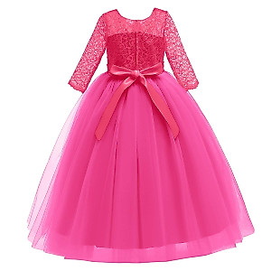 Spring Flower Girl Wedding Bridesmaid 3/4 Sleeves Kids Floral Lace Pageant Communion Princess Dress Prom Evening Dance Gown Hot Pink 7-8 Years