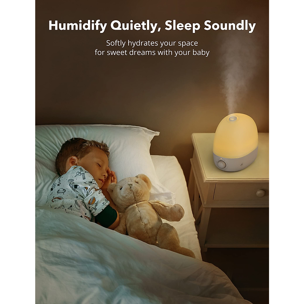 2.5 L Small Humidifiers for Bedroom Kids, Nursery, 26dB Quiet Ultrasonic Cool Mist Humidifiers for Baby, 3-IN-1 Air Humidifier with Essential Oils, Easy Clean, Night Light, Plant, Auto Shut-Off, 30H