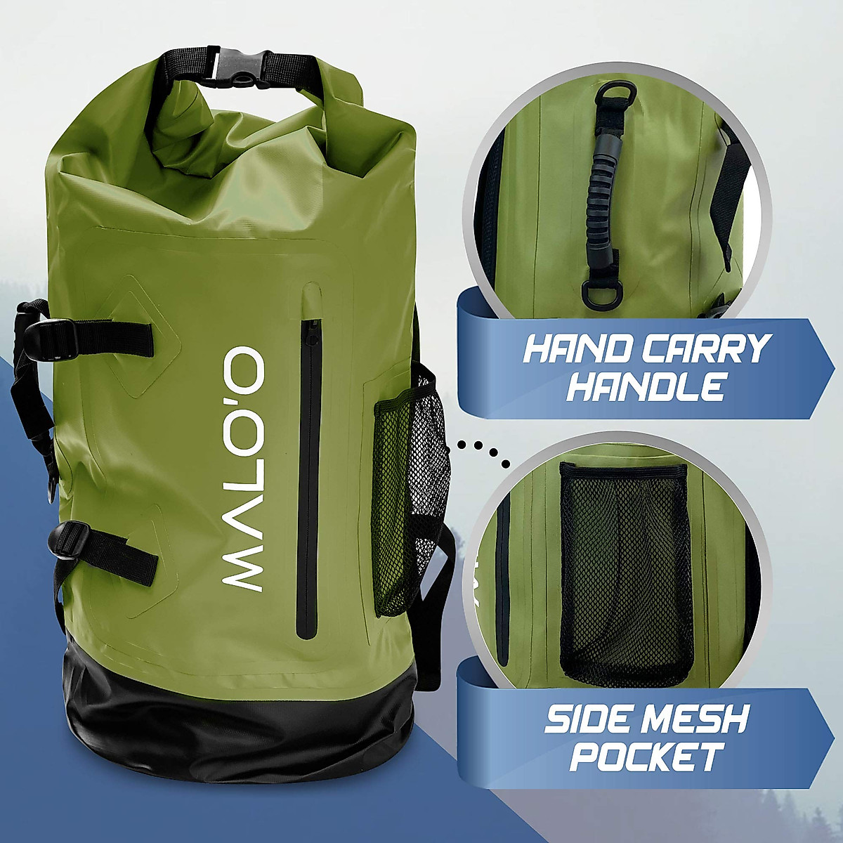 Malo'o 45L Waterproof Heavy Duty Backpack Dry Bags for Kayaking, Camping, Fishing, Hiking Daypack - Beach Accessories, Boat accessories, and Travel Gear - Fishing Rod Case Straps