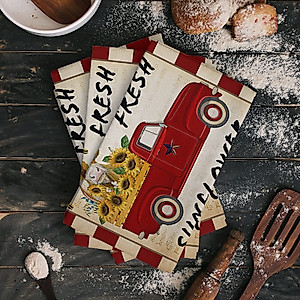 Chees D Zone Kitchen Towels Cotton Dish Towel,Farm Red Truck Cow Sunflower Old Newspaper Soft Dishcloth Absorbent Tea Towel,Retro Plaid Reusable Washable Hand Towels 2 Pack