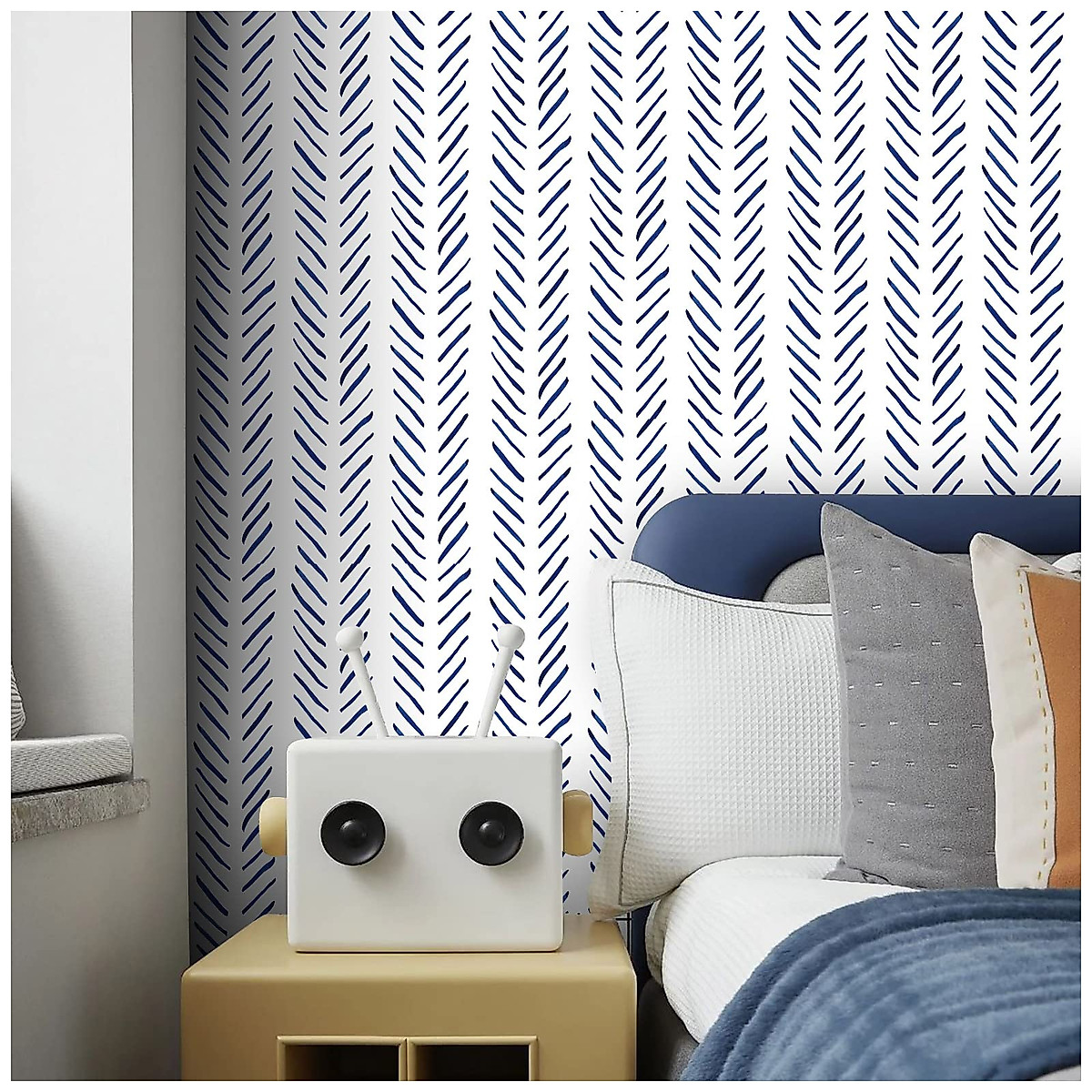 HAOKHOME Boho Peel and Stick Wallpaper Stripe Removable Navy/White Chevron Vinyl Contact Paper Mural for Home Decor 17.7in x 9.8ft