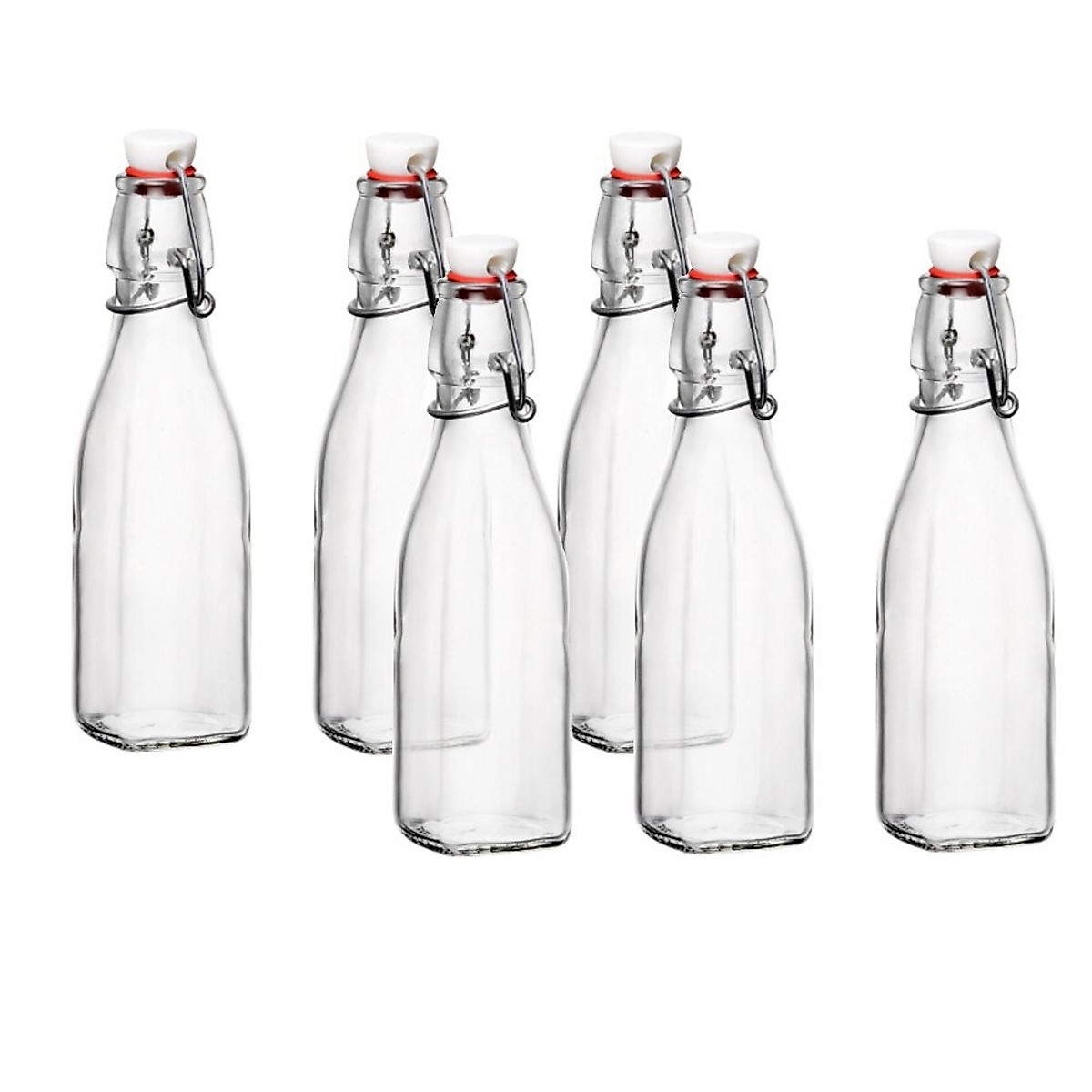 Bormioli Rocco Set Of 6 Square Swing Top Glass 8.5 Oz. Bottles With Airtight Hermetic Lid, Bottles Kombucha, Beer, And Limoncello, Dishwasher Safe, Made In Italy.