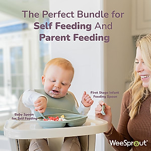 WeeSprout Baby Led Weaning Bundle, Silicone Suction Bowl, Spoons, Bib & Cup, Develops Self Feeding Skills, Dishwasher Safe (Green)