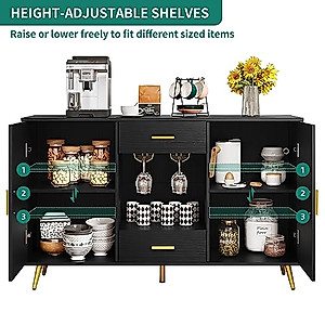 YITAHOME Sideboard Buffet, Buffet Cabinet Storage Credenza w/Adjustable Shelf, Wine Glass Holder, Drawers, Modern White & Gold Dresser 300 lbs Capacity for Living Room, Kitchen, Dining Room, Black